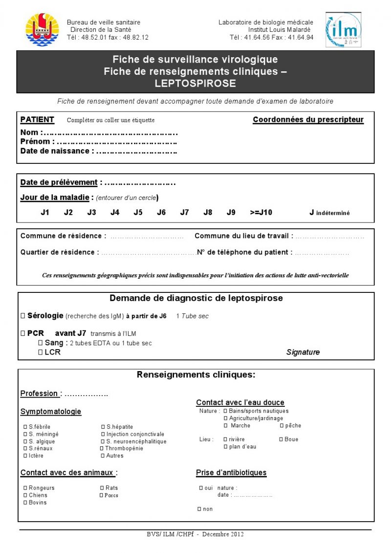 Leptospirose – Fiche de renseignement clinique – Direction de la santé ...